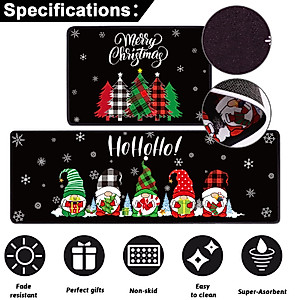 Christmas Kitchen Rugs and Mats Set of 2, Christmas Tree Gnomes Farmhouse Buffalo Plaid Mats Xmas Decorations Area Rug Washable for Home Kitchen Bathroom Living Room Floor ,16X 24 and 16x47inch