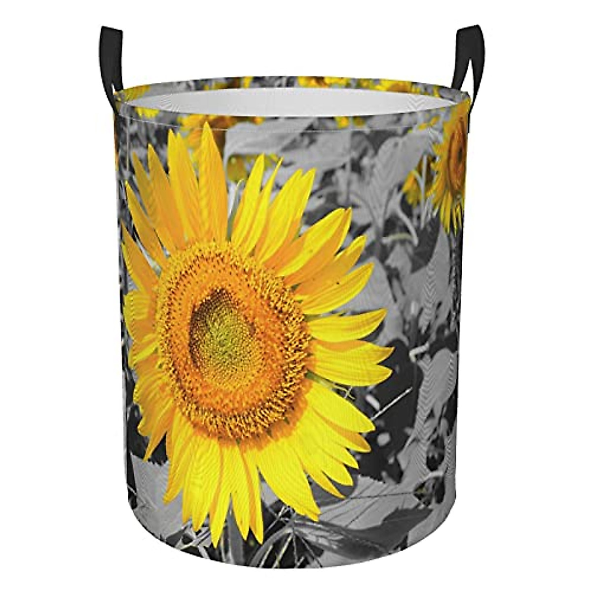 FeHuew Monotone Yellow Sunflowers Gray Field Collapsible Laundry Basket with Handle Waterproof Fabric Hamper Laundry Storage Baskets Organizer Large Bins for Dirty Clothes,toys,Bathroom