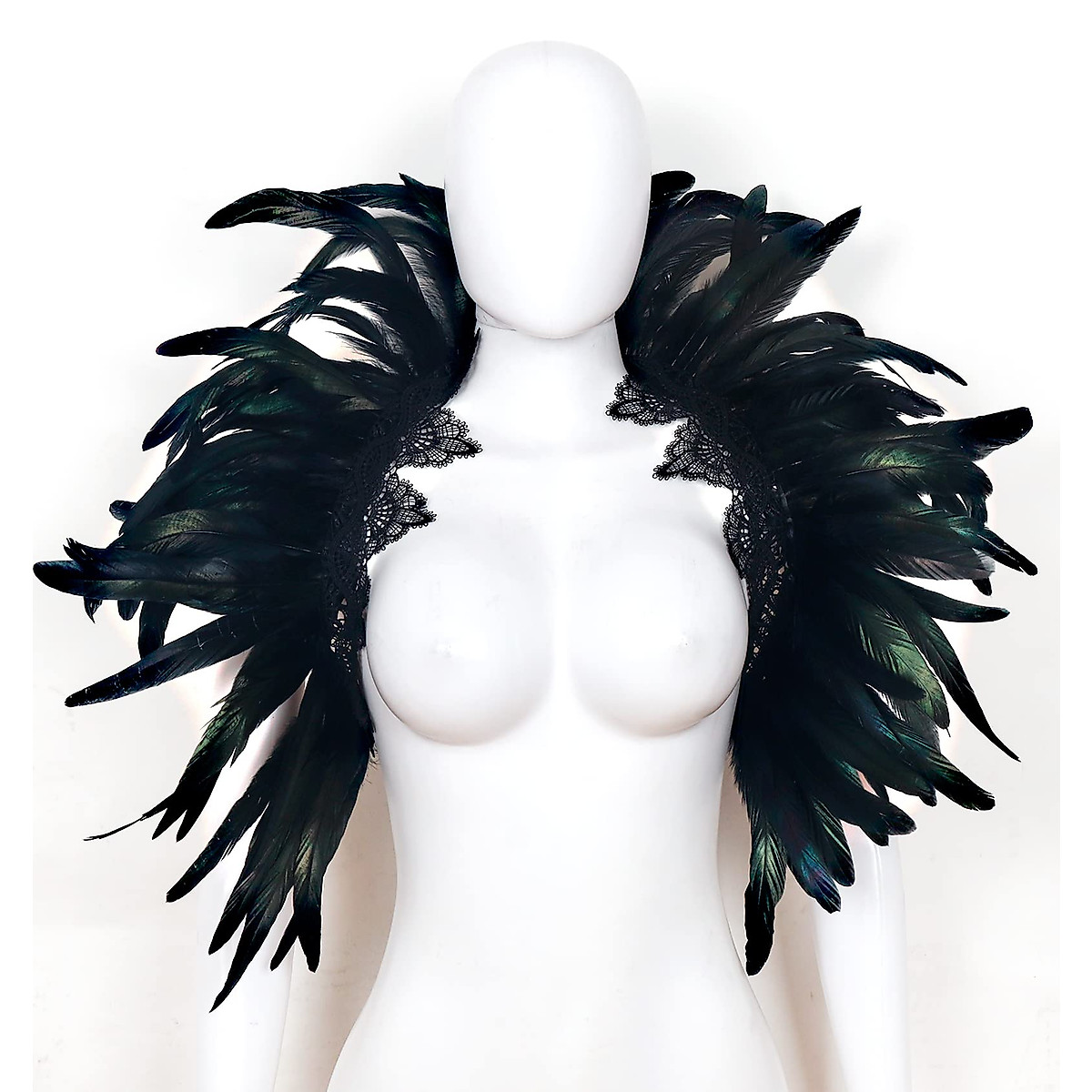 L'VOW Black Feather Shrug Cape Shoulder Wrap Lace Collar Halloween Costumes for Women (Black -002)