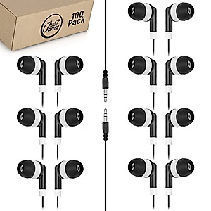 JustJamz Bulk Earbuds 100 Pack | Basic Ear Bud, Black Dot in-Ear Earbuds, Disposable Headphones, Class Headphones Set for Students, Earphones for Class, Kids, Classroom, Library,Wired Earbuds Bundle