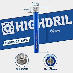 Dry Diamond Tile Drill Bit with Hex Shank,HIGHDRIL Diameter 2pcs 3/8"(10mm) for Porcelain Ceramic Granite Marble Hard Materials Electric Drill Diamond Core Bit