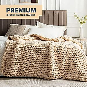 Chunky Knit Blanket Throw - 50"x60" 3.7 lbs. - Soft Chenille Yarn Knitted Blanket - Machine Washable Crochet Blanket - Handmade Cable Knit Throw Blanket for Couch, Bed (Oat White)