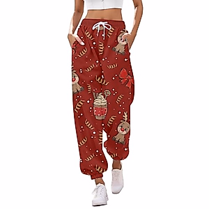 Straight Leg Sweatpants,Merry Christmas Print Womens Sweatpants with Pockets Reindeer Print Drawstring Workout Active Joggers Christmas Print Plus Size Trouser Pants Red XL