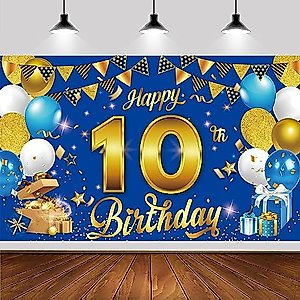 6x3.6FT Blue Gold 10th Birthday Backdrop Happy Birthday Photography Background Banner for Gold Birthday Party Backdrop for Men Women Birthday Party Supplies Decoration. (10th Blue Gold)