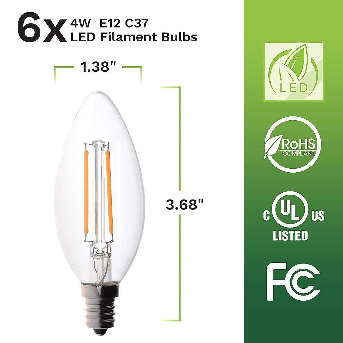 Bioluz LED 4W Filament Candelabra Bulb, E12 Base High Efficiency LED Candle Bulbs, UL Listed, Pack of 6