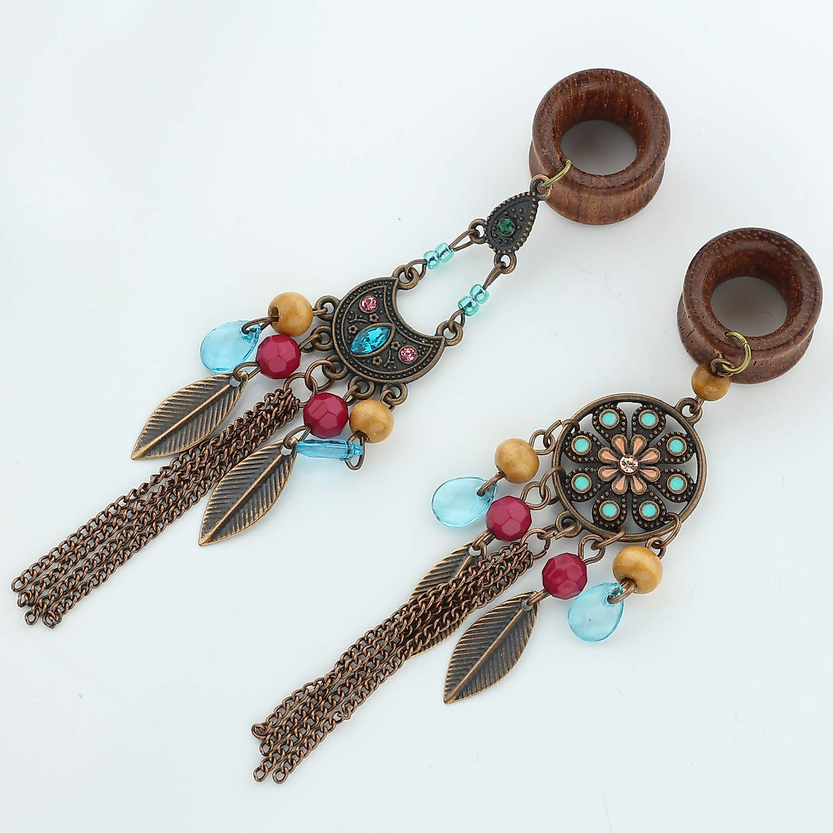00G 10mm Bohemia Beads Owl Tassel Wood Dangle Ear Gauges Piercing Flesh Tunnels Plugs Statement Earrings
