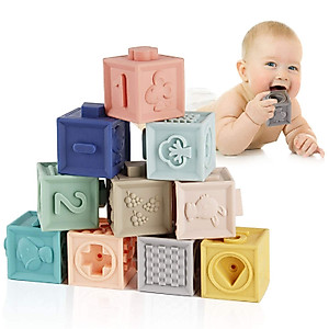 Mini Tudou Baby Blocks & Stacking Circles Toy Set, Baby Sensory Building & Teething Toys Educational Squeeze Play with Animals Shapes Textures Numbers, Best for Toddlers Babies 6m+