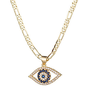 kelistom Evil Eye Necklace for Women | 18K Gold Plated Cubic Zirconia Inlay Evil Eye Pendant Necklace | 3mm Figaro Chain Necklace 18/22 inches (length: 18", eye-1)