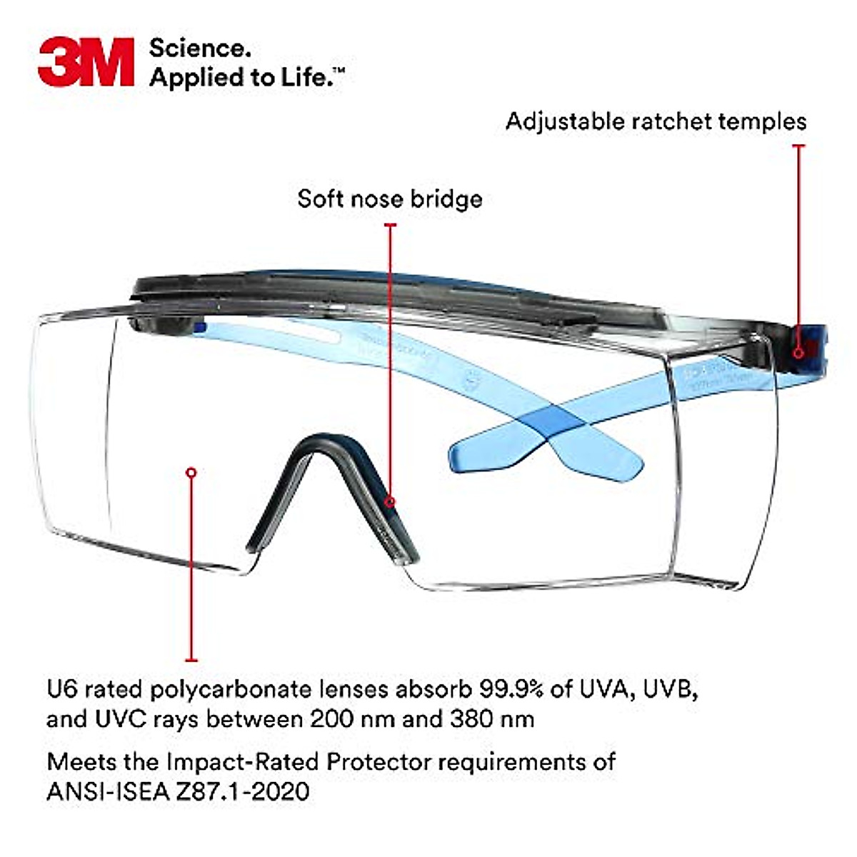 3M Safety Glasses, SecureFit, Fits Over Prescription Glasses, ANSI Z87, Scotchgard Anti-Fog Anti-Scratch Clear Lens, Blue Frame