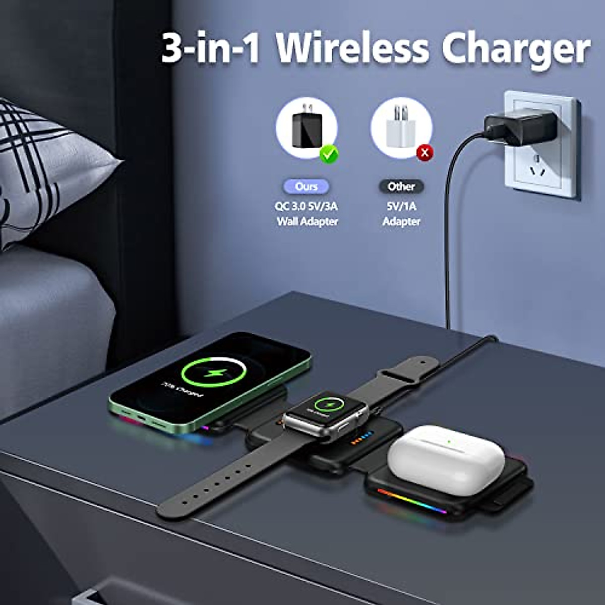 Wireless Charger 3 in 1,Magnetic Foldable 3 in 1 Charging Station,Fast Wireless Charging Dock,Compatible with iPhone 14/Pro/Max/Plus/13/12 Series,AirPods 3/2/Pro,iWatch(with Adapter)