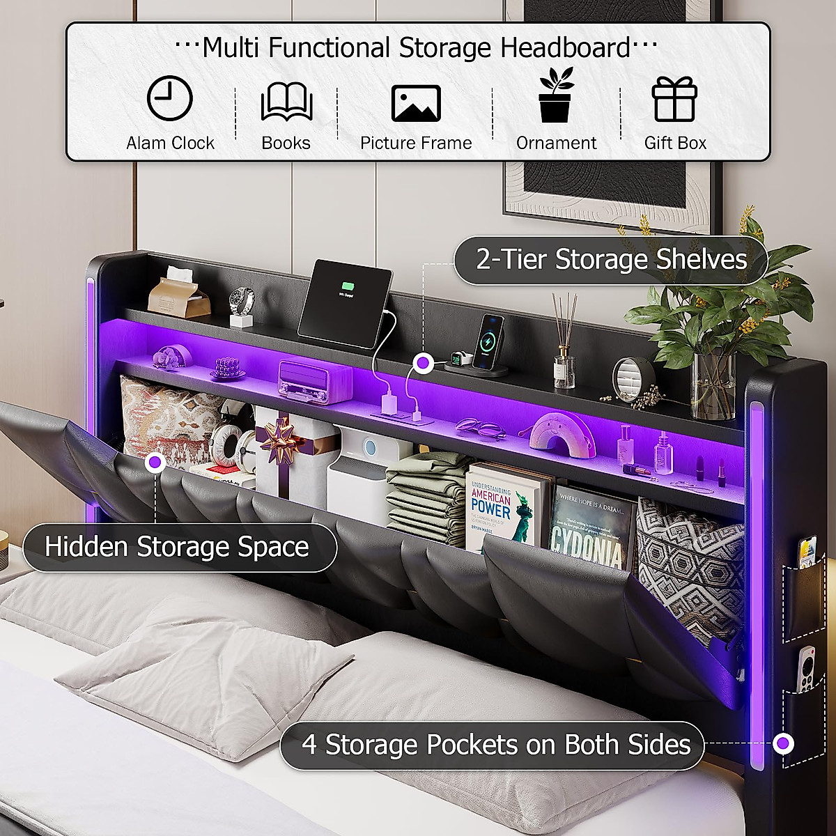 BYSAUD Floating Bed Frame with RGB Light，Hidden Storage Space in The headboard,Floating Bed with Charging Station Including 2 Standard sockets, PU Leather (King)