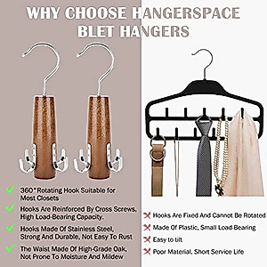 HangerSpace Walnut Wooden Belt Hanger 2 Pack, Smooth Finish Solid Wood Belt Organizer with 360° Swivel Hook, Space Saving Belt Holder for Scarves, Belts, Ties