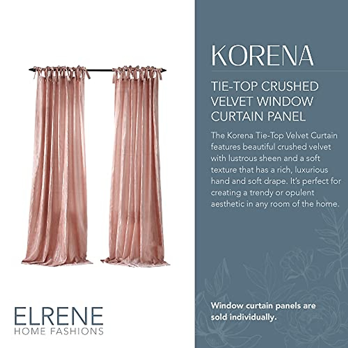 Elrene Home Fashions Korena Tie-Top Crushed Velvet Window Curtain Panel, Rustic-Chic Curtain Panel for Living Room or Bedroom, 52 Inches by 95 Inches, Blush, 1 Panel