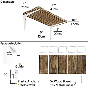Wallniture Arras Floating Shelves for Wall Kitchen Organization Living Room Wall Bookshelves Bathroom Storage Shelves Office Decor 17"x8" Set of 5, Burnt Finish White Bracket