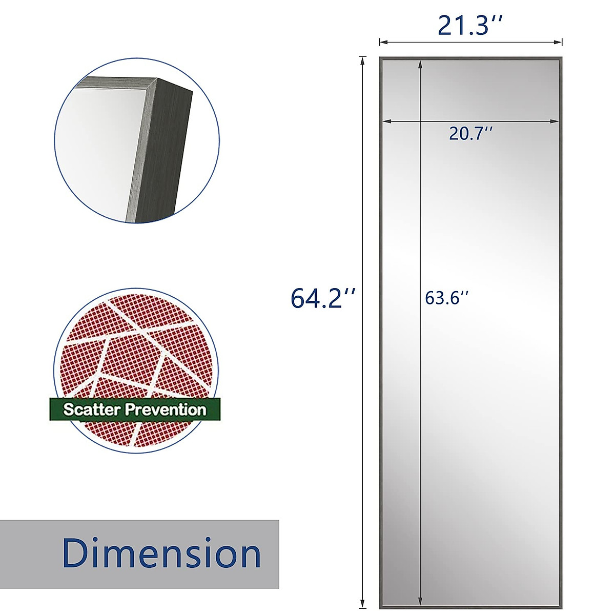 H&A 65"x22" Full Length Mirror Full Body Mirror Bedroom Floor Standing or Hanging