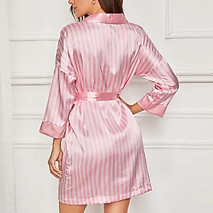 Womens Dressing Gown Satin Kimono Robe Ladies Silk Stripe Bathrobe Oblique V-Neck Short Robes for Bride Bridesmaids,Wedding Party Loungewear Plus Size Sleepwear Nightwear Pajamas Short S-XXL Pink