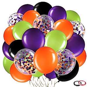 Sratte 60pcs Balloons Kit 12 Inch Confetti Balloons with 2 Rolls Ribbon Latex Balloon Party Favor Metallic Balloons for Birthdays Baby Shower Wedding Graduation Decorations (Orange,black,purple,green)
