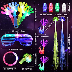 122 PCS Glow In The Dark Party Supplies Light Up Toy Party Favors with 12 Flashing Glasses LED Bracelets Flashing Hair Neon Peacock Finger Light LED Whistle Glow Hand Clappers and 50 Finger Lights