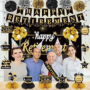 Kuxriox 20PCS Happy Retirement Party Decorations Kit for Men Women, Black Gold Retirement Banner Balloons Honeycomb Centerpiece Swirl Paper Pompoms Party Supplies, Retired Sash Table Topper Swirls Set