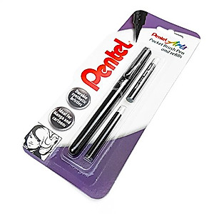 Pentel Refillable Pocket Brush Pen - with 2 Gray Ink Cartridges - Black Barrel