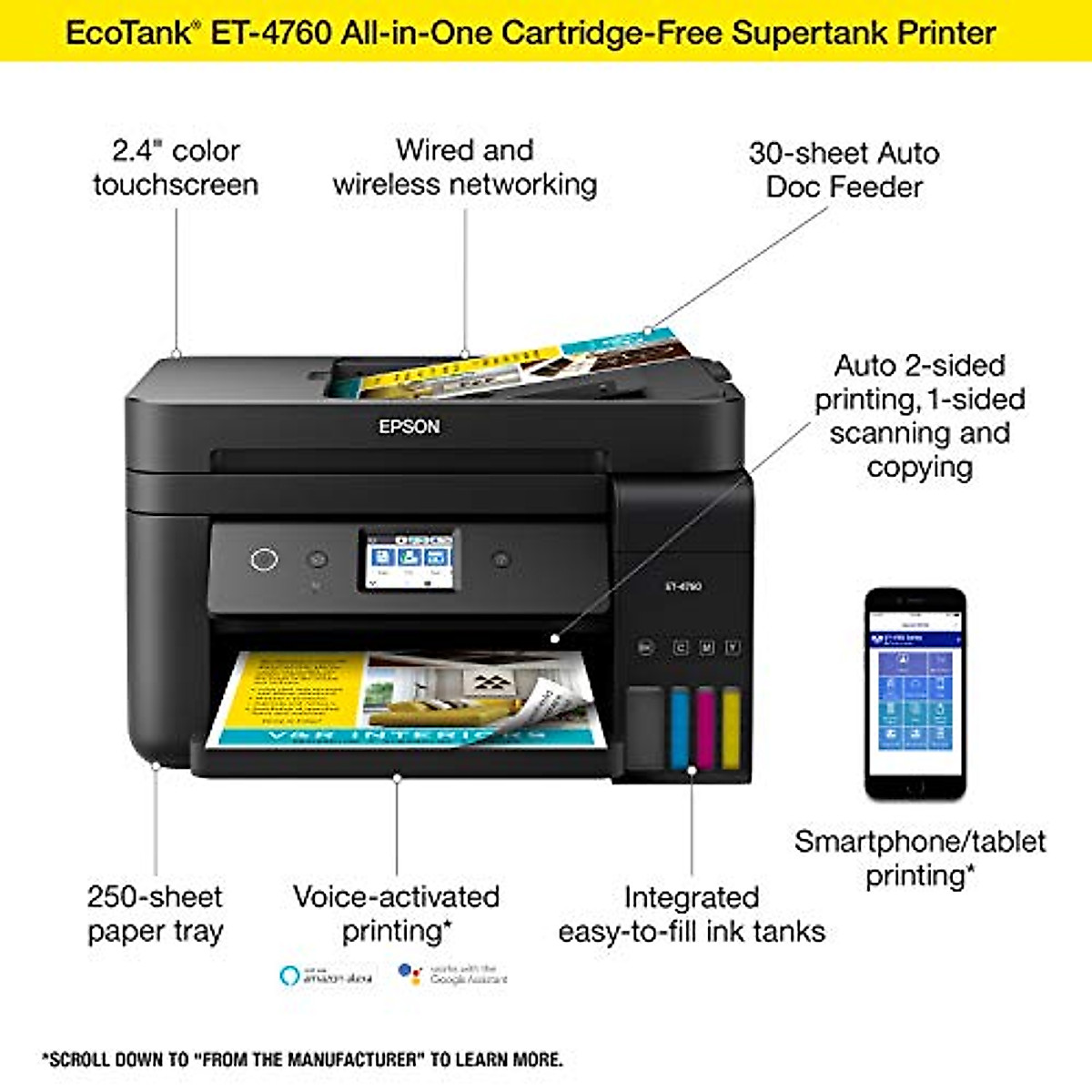Epson EcoTank ET-4760 Wireless Color All-in-One Cartridge-Free Supertank Printer with Scanner, Copier, Fax, ADF and Ethernet - Black