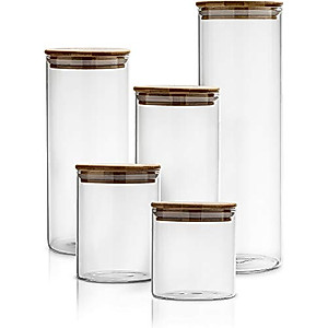 Sugar Packet holder Canister Set of 5, Glass Kitchen Canisters with Airtight Bamboo Lid, Glass Storage Jars for Kitchen, Bathroom and Pantry Organization Ideal for Flour, Sugar, Coffee, Cookie Jar, Candy, Snack and More