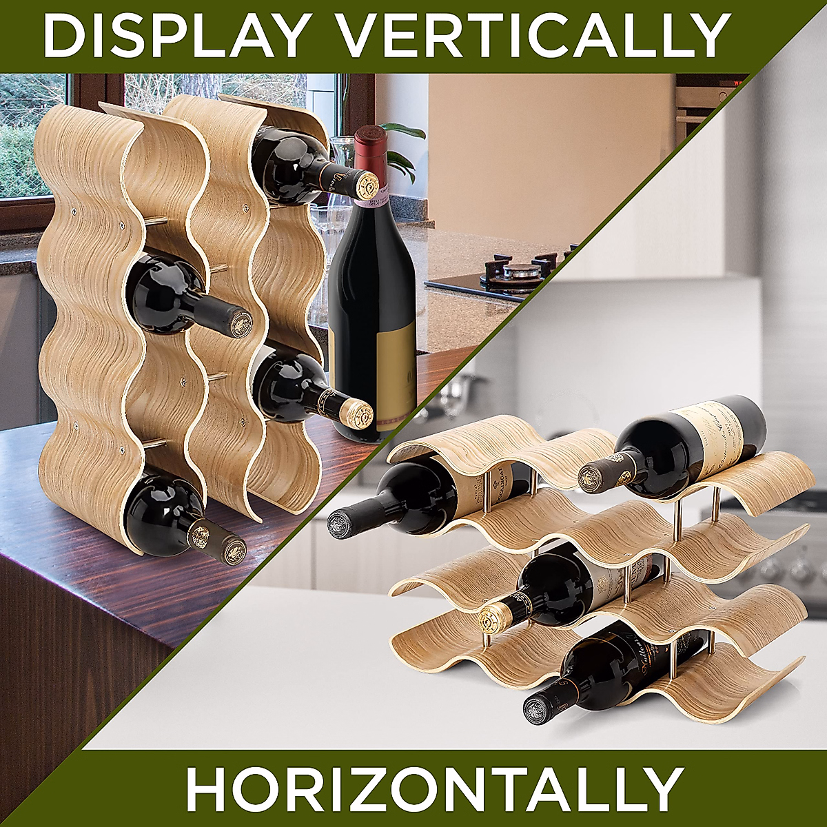 SereneLife Bamboo Wine Rack-4 Tier Countertop Shelf with Slots That Holds 14 Bottles, Unique Stackable Wooden Holder, Save Space for Cabinet, Kitchen and Pantry, Modern Contemporary Wave Design
