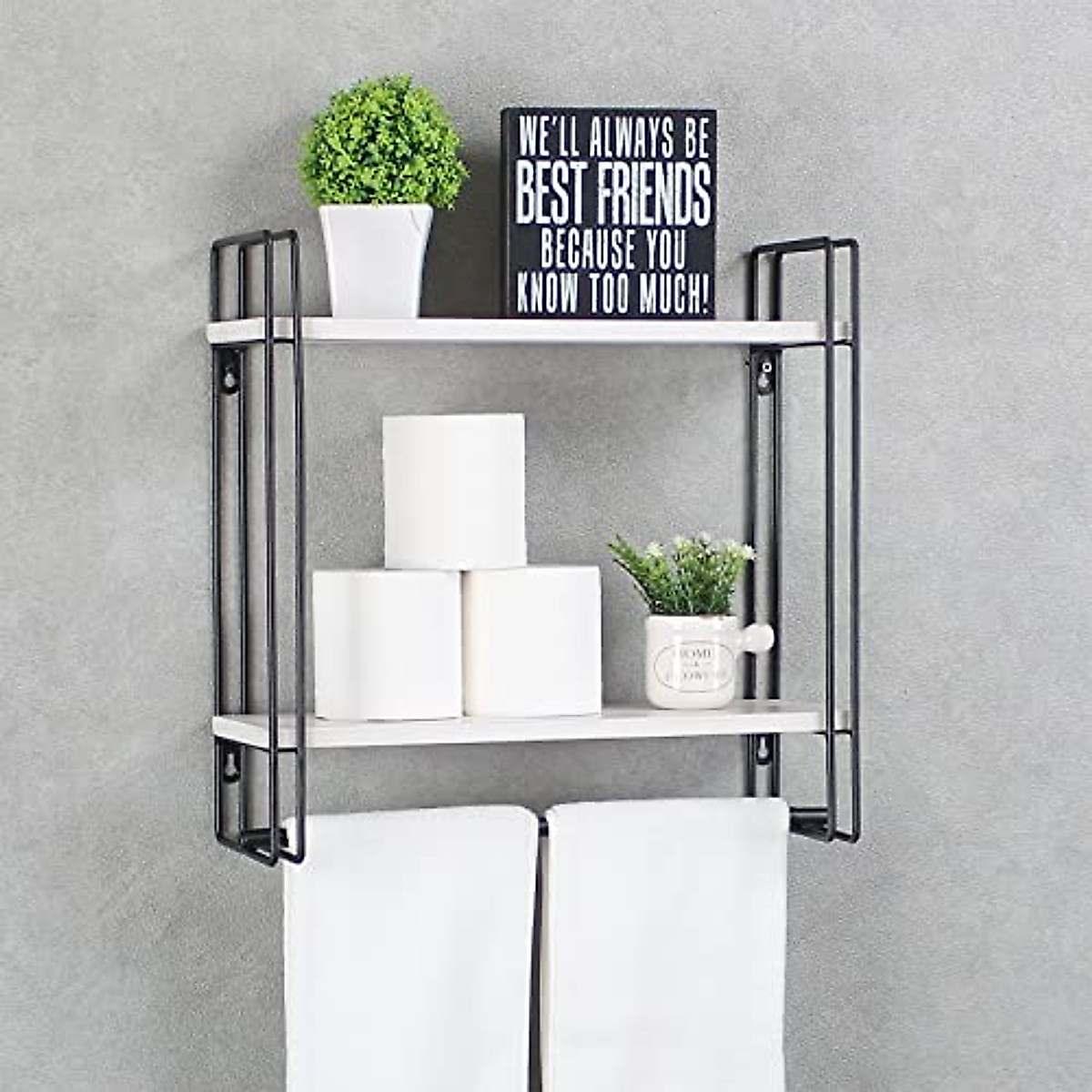 Industrial Pipe Shelving,Iron Shelves Industrial Bathroom Shelves with Towel bar,16.9in Rustic Metal Pipe Floating Shelves Pipe Wall Shelf,2 Tier Industrial Shelf Wall Mounted,Retro White