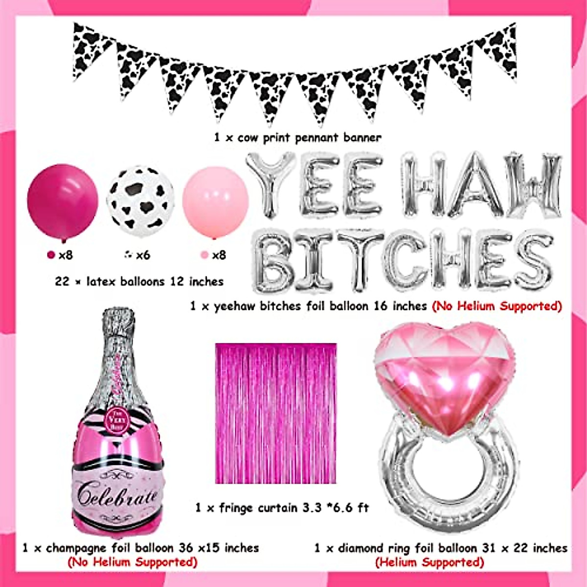 Western Bachelorette Party Decorations, Silver Yeehaw Bitches Balloon Cow Print Pennant Banner, Cowgirl Nashville Bridal Shower Supplies