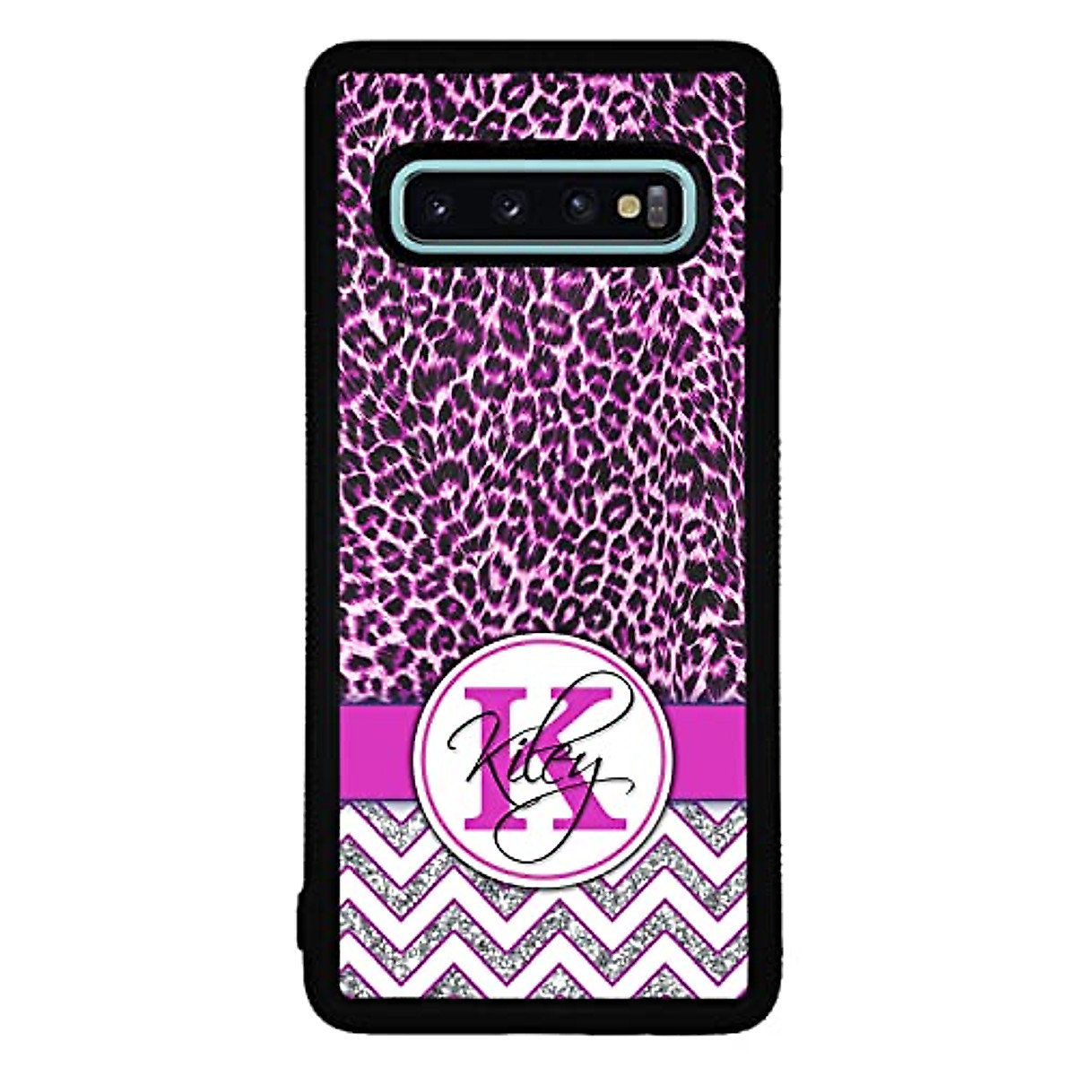 Pink Leopard Skin Personalized Black Rubber Phone Case Compatible With Samsung Galaxy S23 S23+ Ultra S22 S22+ S21 S21FE S21+ S20FE S20+ S20 Note 20 S10 S10+ S10e