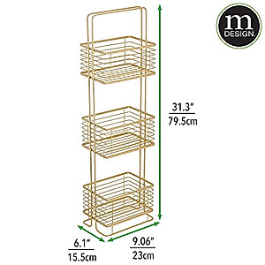 mDesign Slim Metal Wire 3 Tier Free-Standing Bathroom Shelving Unit, Small Narrow Storage Organizer Tower Rack with 3 Basket Bins - Holds Tissues, Hand Soap, Toiletries - Soft Brass