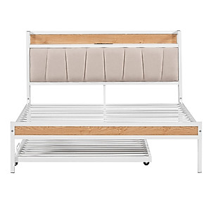 Full Size Platform Bed with Trundle, Metal Full Platform Bed Frame with Upholstered Headboard, Sockets, USB Ports and Slat Support, No Box Spring Needed, White