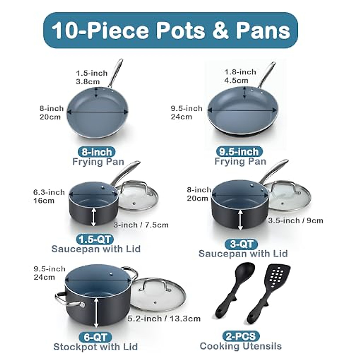 Cook N Home Pots and Pans Nonstick Ceramic Kitchen Cookware Sets Include Saucepan, Frying Pans, Stockpot with Lids, Nylon Utensils, 10-Piece, Heavy Gauge, Black & Gray