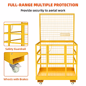 Forklift Safety Cage, 43"x45" Forklift Man Basket, 1400lbs Capacity Forklift Work Platform with Safety Harness&Lock, Drain Hole&Wheels, Collapsible Lift Basket Aerial Platform for Lifting Loader
