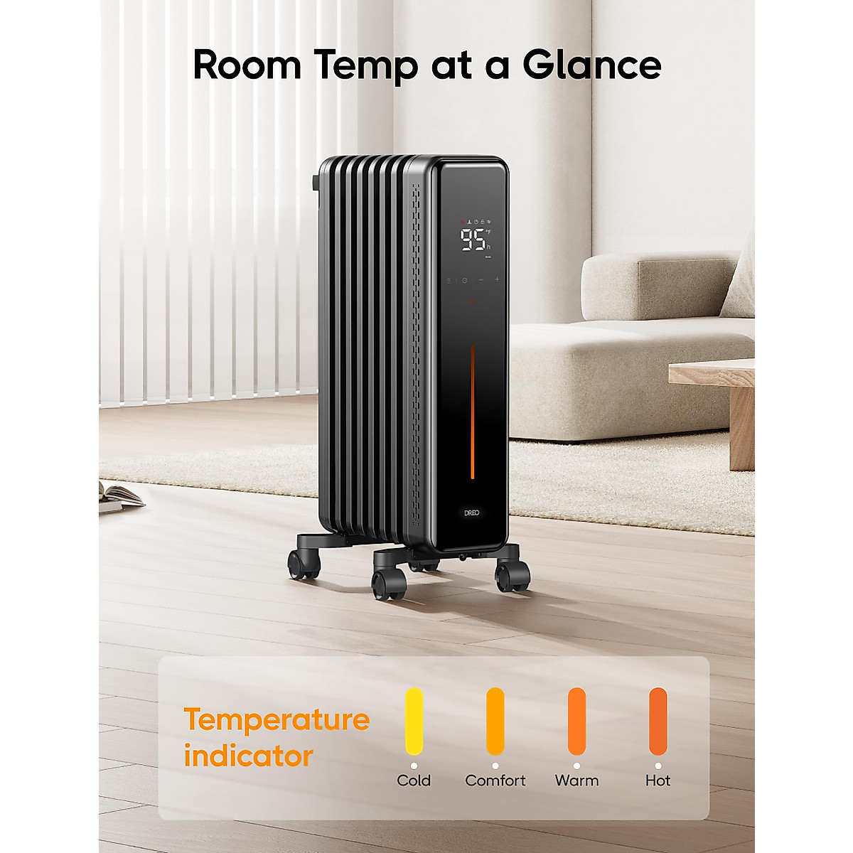 Dreo Radiator Heater, 1500W Portable Space Oil Filled with Remote Control, 4 Modes, Overheat & Tip-Over Protection, 24h Timer, Quiet, Large Space, Anti-scald Handle, Large Carpet Caster, Indoor