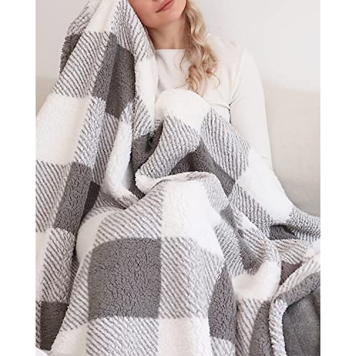 Panku Plaid Sherpa Throw Blanket with Solid Plush Reverse, Reversible Soft Fleece Checkered Blanket for Couch and Bed, Cozy and Warm Fuzzy Blanket, Grey Plaid, 50x60 Inches