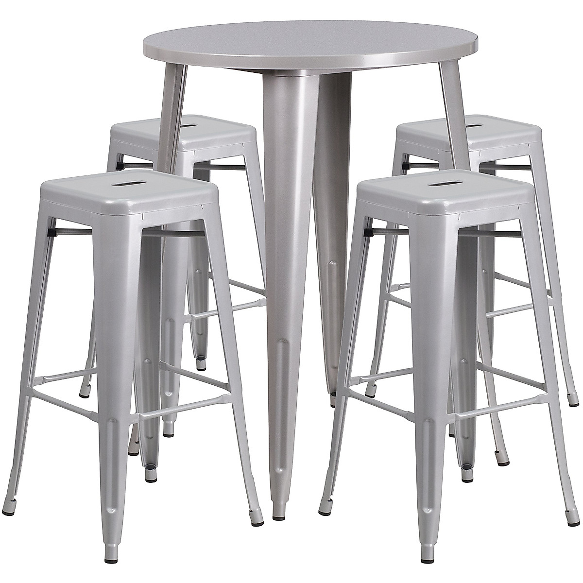 Flash Furniture Commercial Grade 30" Round Silver Metal Indoor-Outdoor Bar Table Set with 4 Square Seat Backless Stools