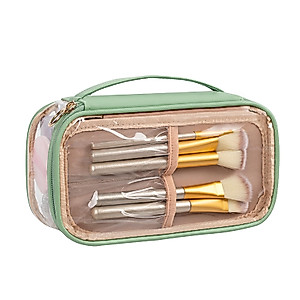 OCHEAL Clear Makeup Bag, Portable Makeup Storage Organizer Cosmetic Bag, Travel Makeup Bag Cute Clear Pouch For Women and Girls Cosmetics Bags with Divider Makeup Brush Compartment-Green