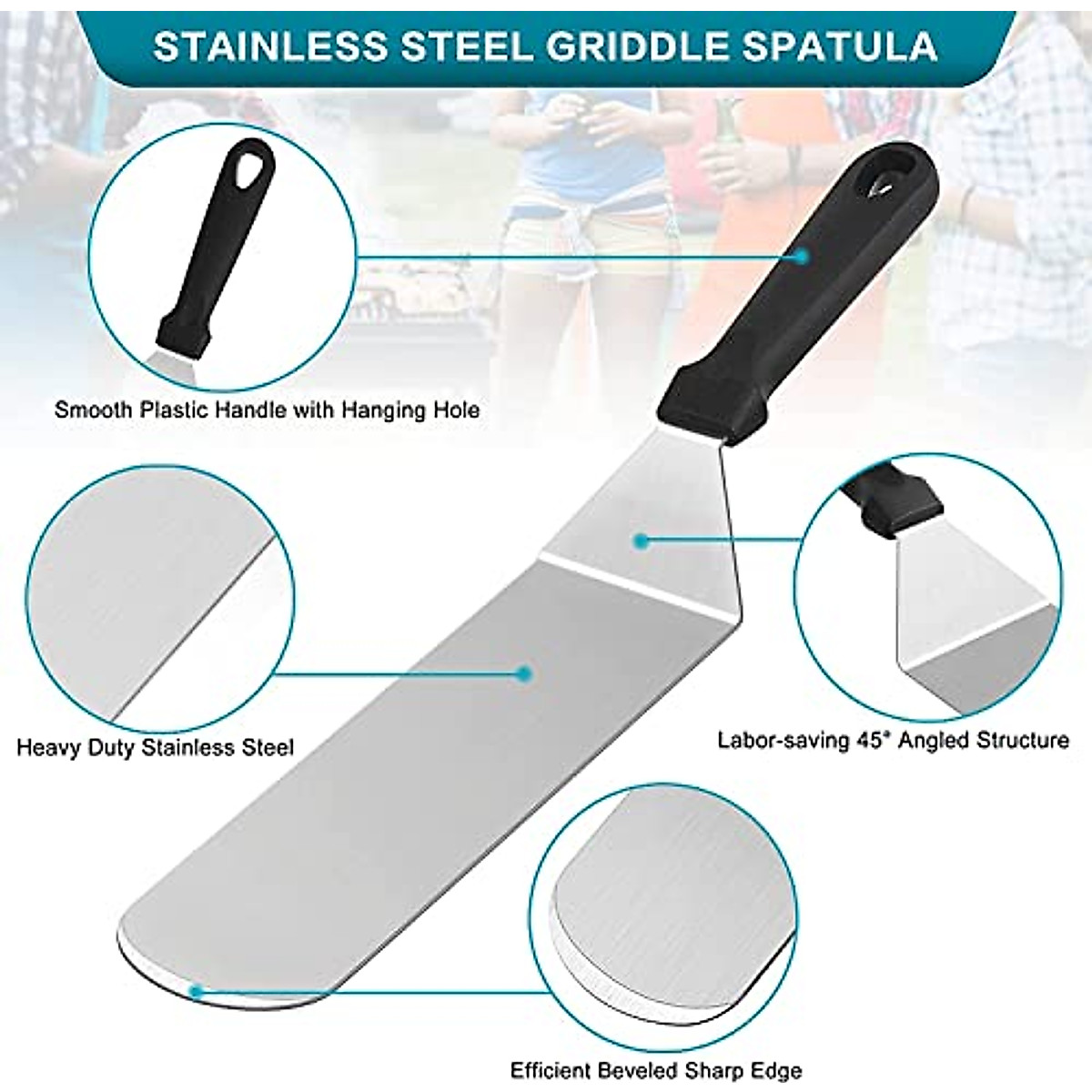 Leonyo Griddle Accessories, 22Pcs Flat Top Grill Spatulas Stainless Steel Griddle Spatula with Metal Scraper, Fish Turner, Burger Press, BBQ Accessories for Outdoor Kitchen Barbecue, Camping Grilling