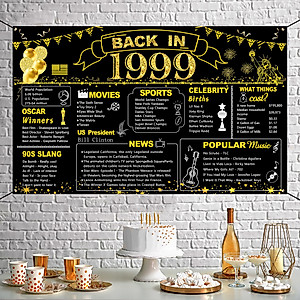 DARUNAXY 25th Birthday Black Gold Party Decoration, Back in 1999 Banner 25 Year Old Birthday Party Poster Supplies Vintage 1999 Backdrop Photography Background for Men & Women 25th Class Reunion Decor