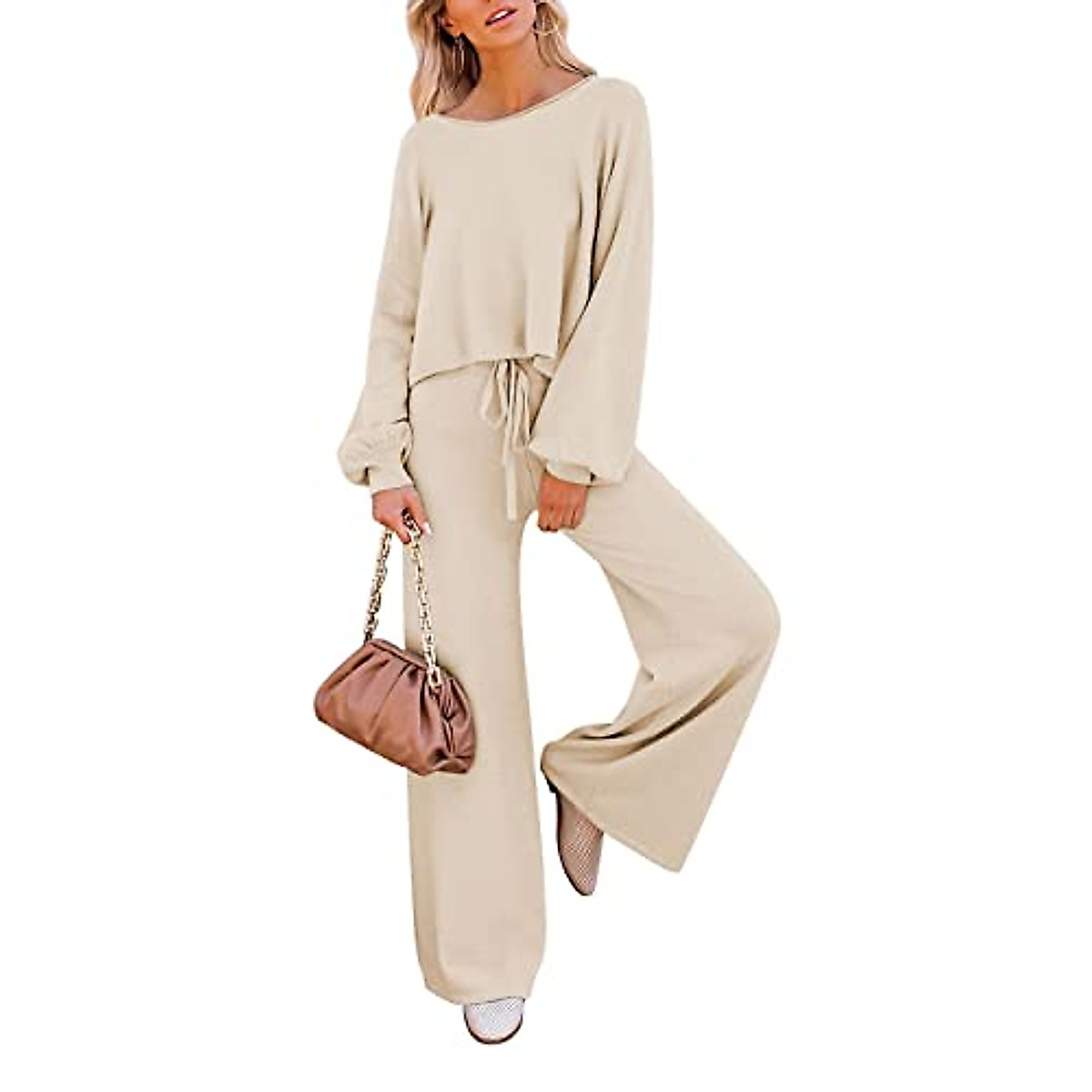 Pink Queen Women's 2 Piece Knit Sweatsuit Puff Sleeve Cropped Sweater Top and Long Pants Tracksuit Lounge Set Beige XL