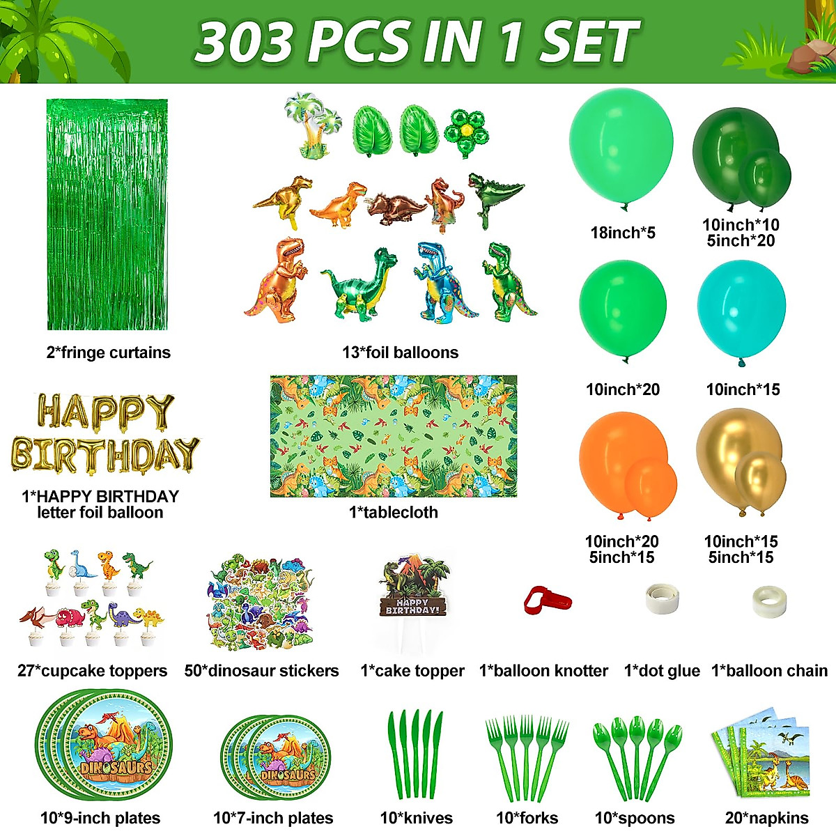 HJINGY Dinosaur Party Decorations, Dinosaur Birthday Party Supplies for kids Include Dinosaur Foil Balloons, HAPPY BIRTHDAY Banner, Cake Toppers, Plates, Napkins, Curtains&Customized Tablecloth