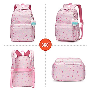 Reqinqin Kids Backpack Girls And Boys Pink Waterproof Large Space School Backpack Suitable for Age for Over 6 Years old Lightweight Travel Cat Ear Heart Keychain Toddler Backpack（Pink Heart）