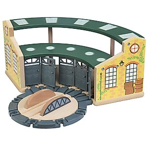 maxim enterprise, inc. Wooden Train Round House Combo with Rotating Turntable, Train Shed to House 5 Engines or Cars, Wooden Train Track Accessories Compatible with Major Brand Railway Sets