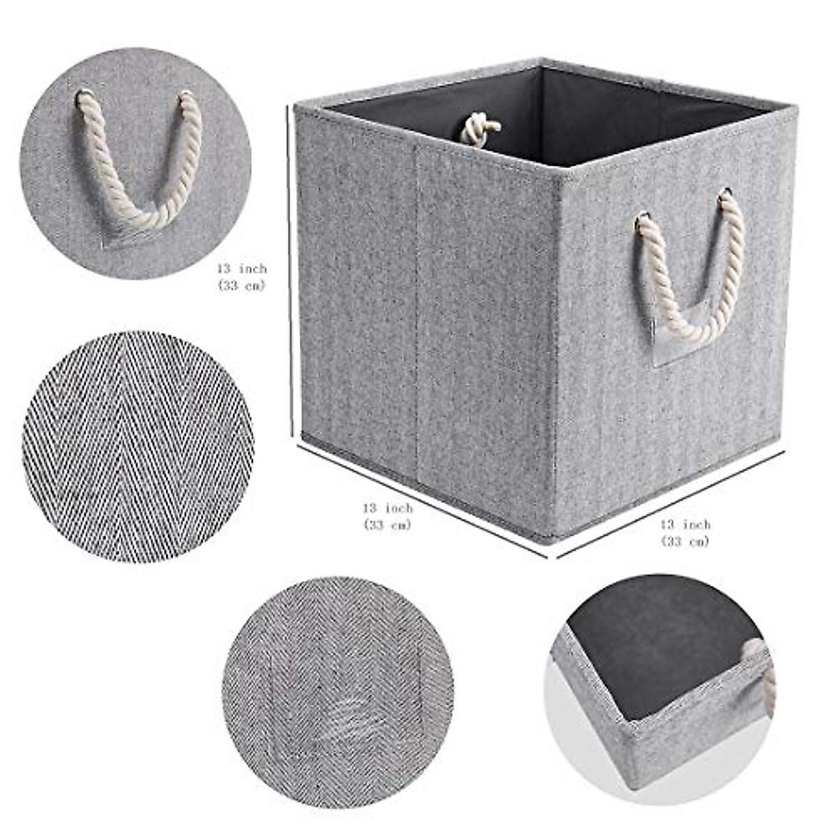 Robuy Cube Storage Bins,Grey Fabric Foldable Storage Bins,Set of 3 Stroage Boxes with Cotton Rope Handles for Organizer Home,Office, Nursery 13x13x13 inch