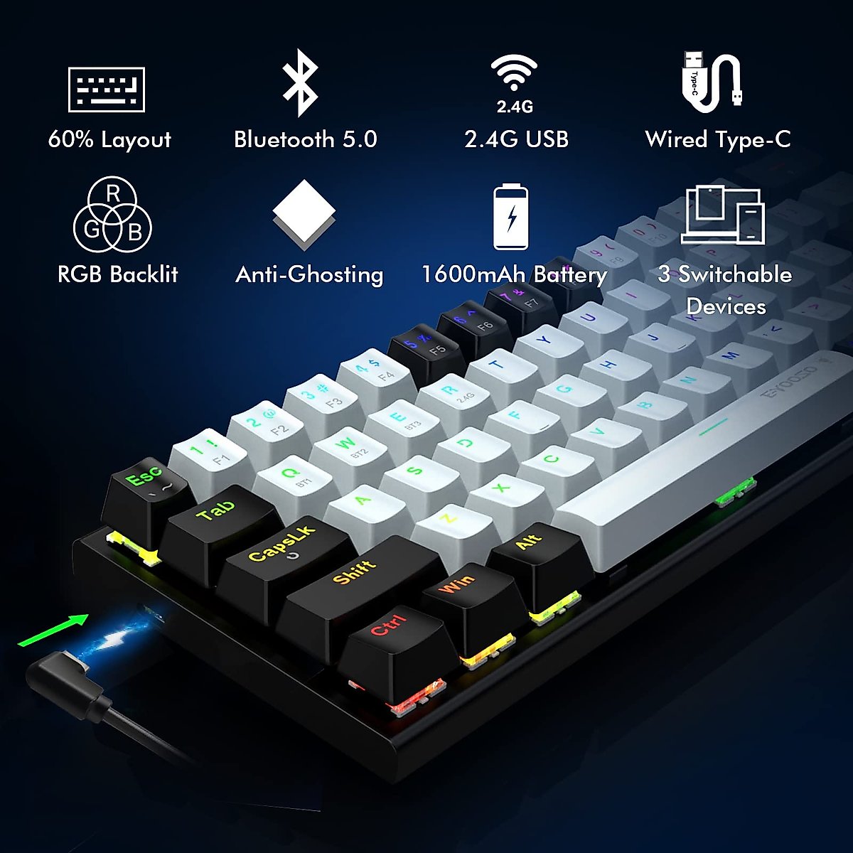 E-YOOSO Wireless Mechanical Keyboard, Bluetooth/2.4G/USB-C 60% Portable Rechargeable 63 Keys Gaming Keyboard, Compact RGB Hot Swappable Mechanical Keyboard with Linear Red Switches for Windows/Mac