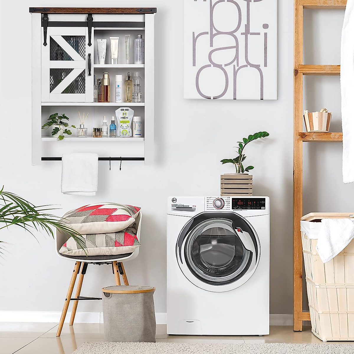 GAOMON Bathroom Organizer Cabinet, Over The Toilet Bathroom Cabinet with Towels Bar & Hooks, 3-Tier Over Toilet Cabinet with Sliding Barn Door for Bathroom Laundry Kitchen, Wall Mounted