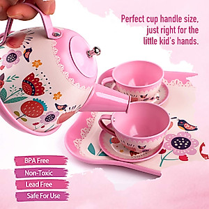 D-FantiX Kids Tea Set for Little Girls, 15Pcs Pink Tin Tea Party Set for Toddlers Afternoon Tea Time Playset with Metal Teapots Tea Cups Play Dishes Princess Toys Gifts with Carry Case