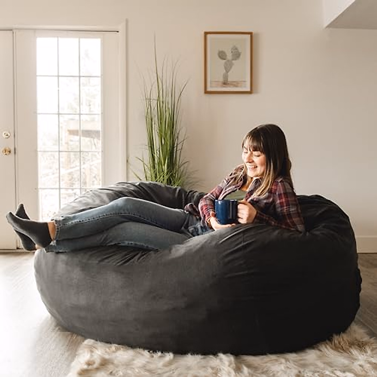 Big Joe Fuf XL Foam Filled Bean Bag Chair with Removable Cover, Black Lenox, Durable Woven Polyester, 5 feet Giant