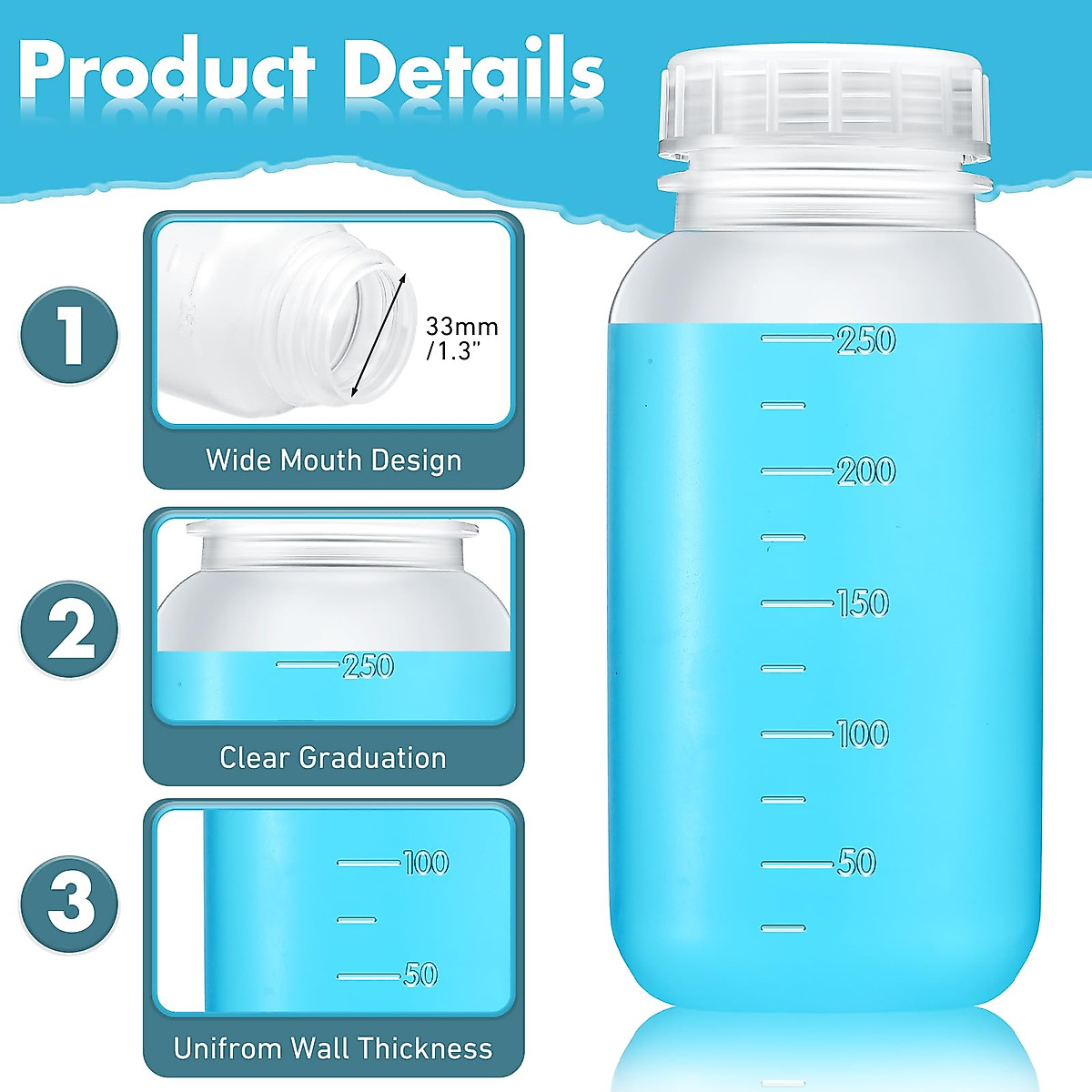 Nitial 18 Pack Laboratory Polypropylene Wide Mouth Reagent Bottle with Graduated Scale, Translucent Reusable Plastic Bottles with Caps for Classrooms, Storage at Home, or Laboratories (8 oz)